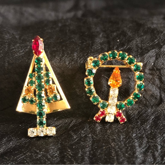 Jewelry | Vintage Rhinestone Christmas Tree And Candle Wreath Pins ...